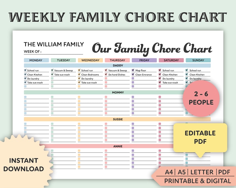 Family Chore Chart Editable Family Planner Printable Weekly - Etsy