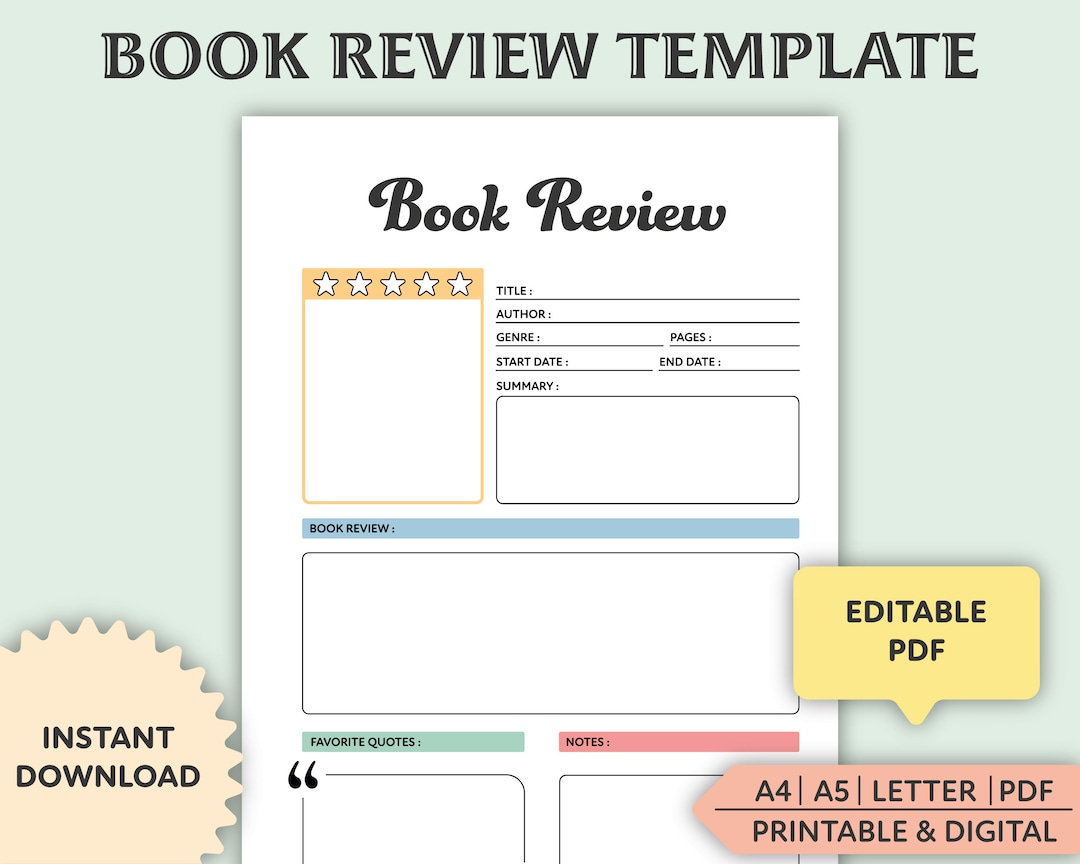 Editable Book Review Template: Printable Reading Log (PDF) - Etsy