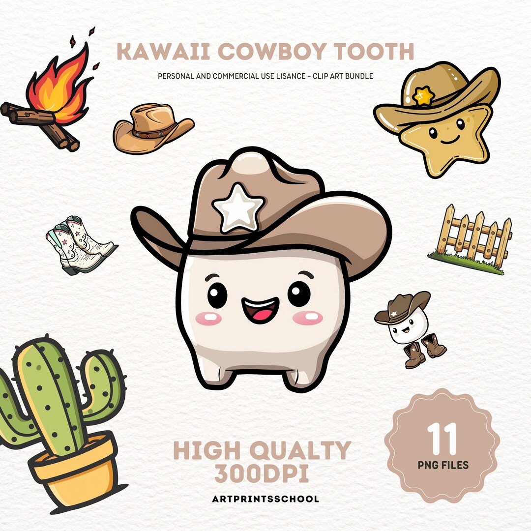 Kawaii Cowboy Tooth Clipart: Western Png Designs (digital Download) - Etsy