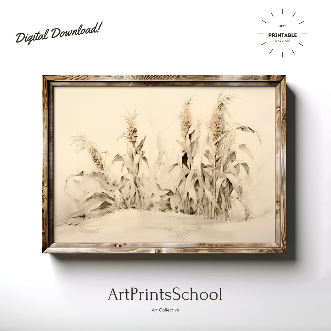 Farmhouse Corn Stalks Sketch | Autumn PRINTABLE Art | Vintage Neutral ...