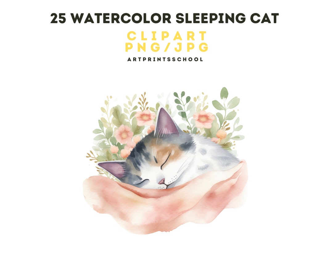 25 Watercolor Sleeping Cat Clipart - Cute Feline Graphics for Crafts ...