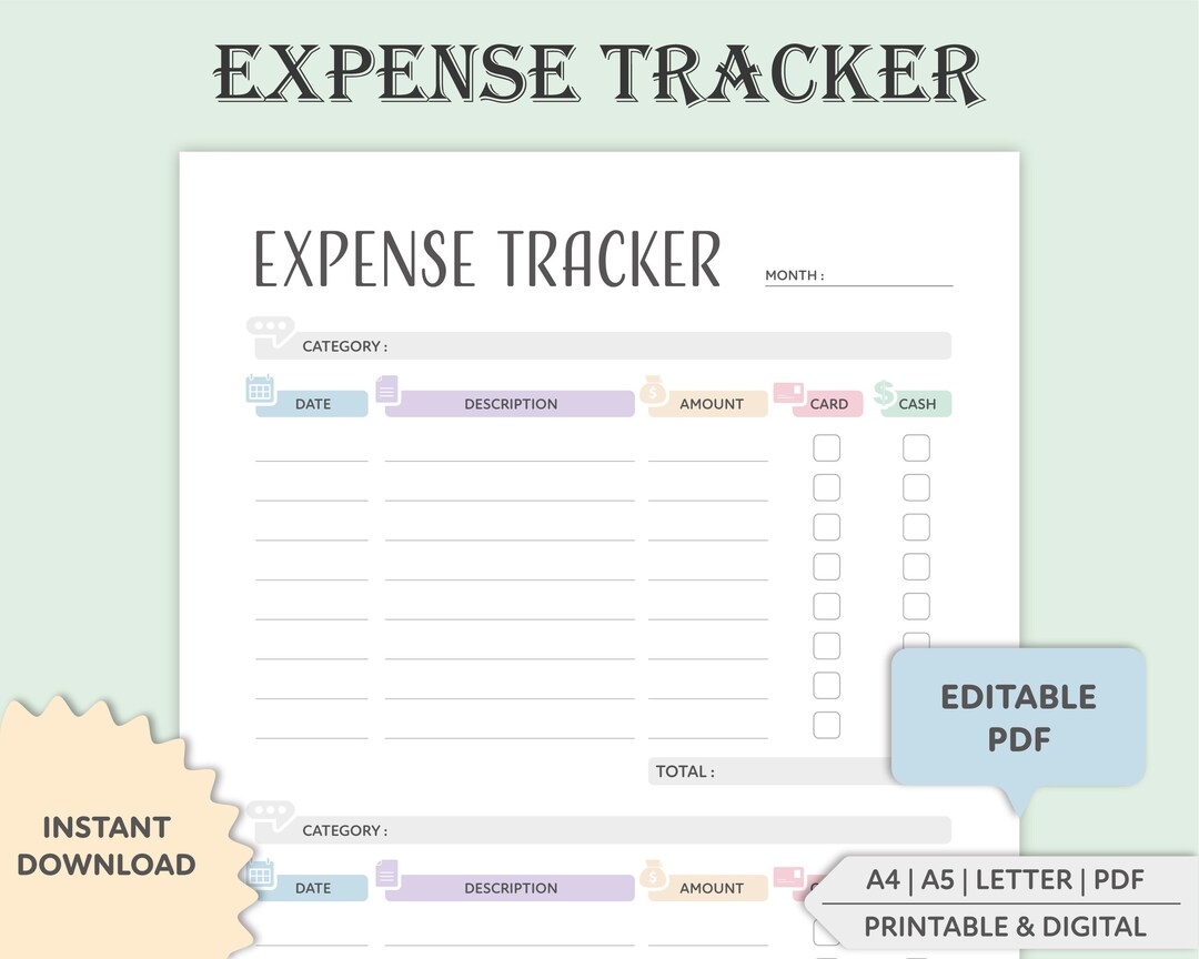 Editable Expense Tracker, Monthly Expense Tracker, Printable Expense ...