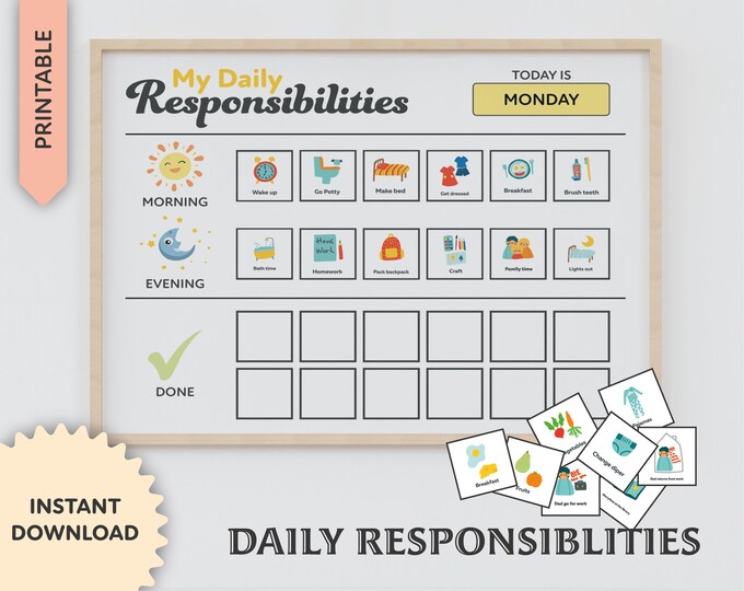 Printable Chore Chart for Kids, Responsibility Chart, Visual Task List ...