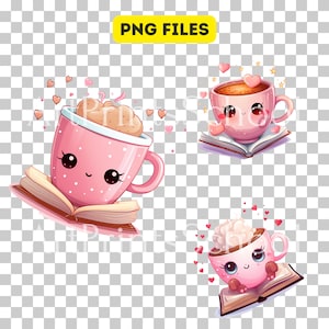 Kawaii Coffee Cup With Books Clipart Bundle, Book Clipart, Commercial ...