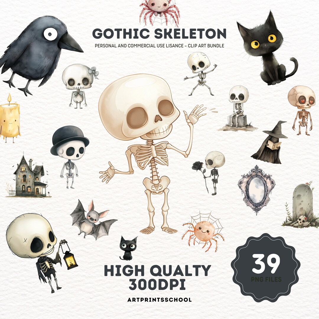 Cute Skeleton Clipart, Halloween Clipart, Watercolor Clipart, Skeleton ...
