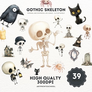 Cute Skeleton Clipart, Halloween Clipart, Watercolor Clipart, Skeleton ...