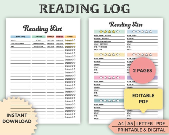 Editable Reading Log Printable Reading Journal Book Log - Etsy
