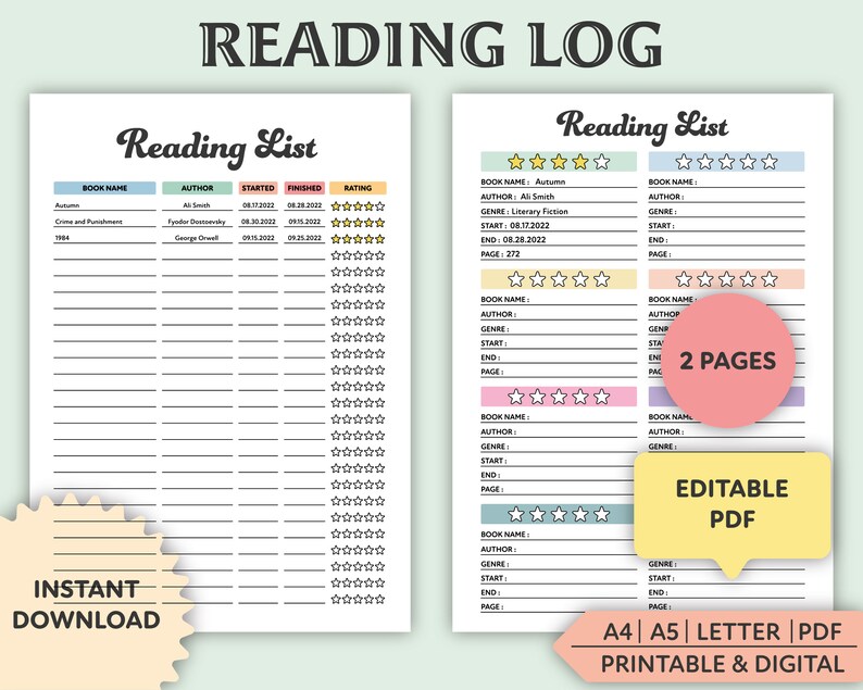 Editable Reading Log Printable Reading Journal Book Log - Etsy