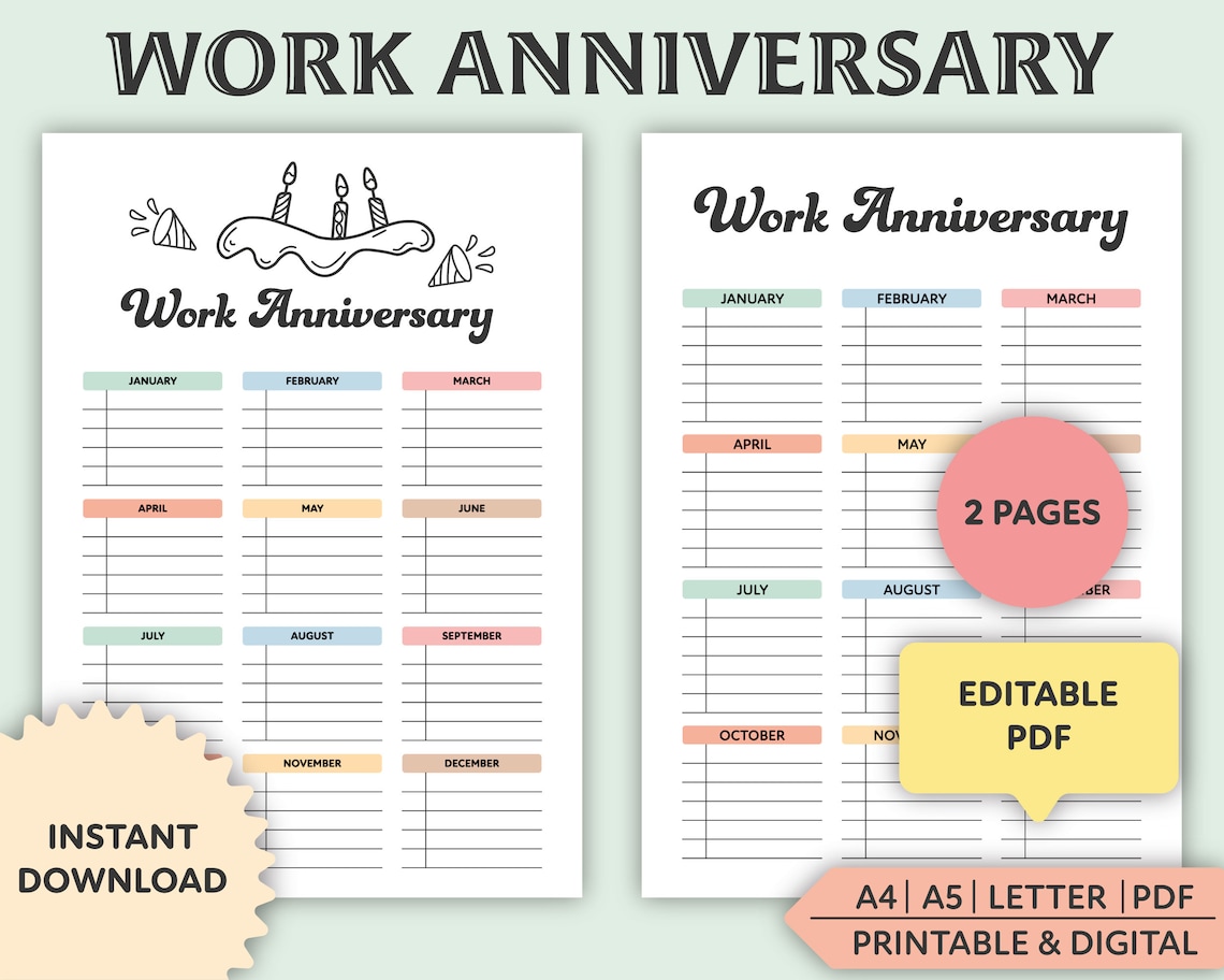 Editable Work Anniversary Tracker Printable Employee Chart - Etsy
