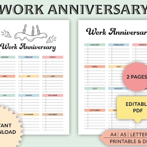 Editable Work Anniversary Tracker, Printable, Employee Chart ...