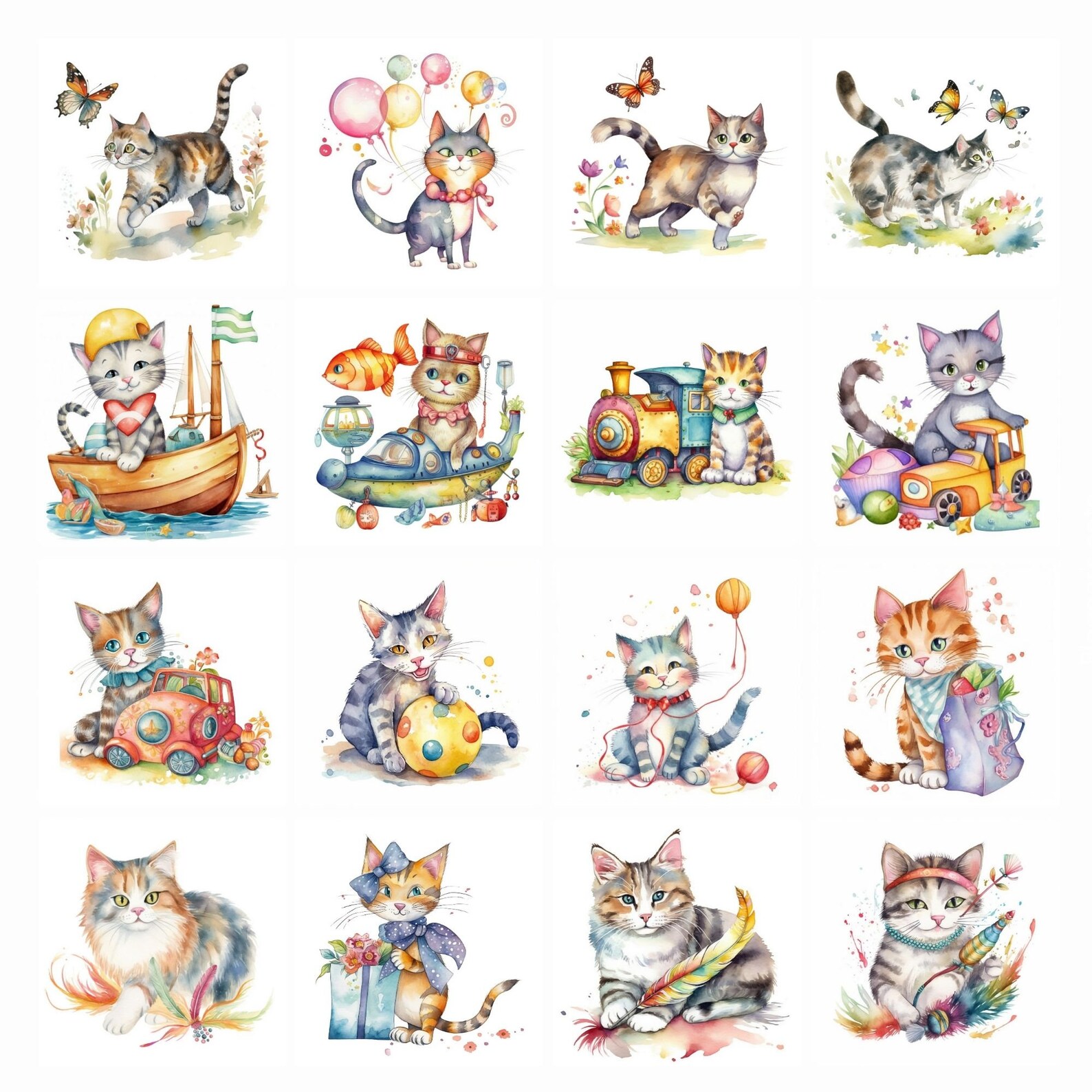 120+ Watercolor Cat Clipart – Playful Kitten Illustrations (PNG & JPG ...