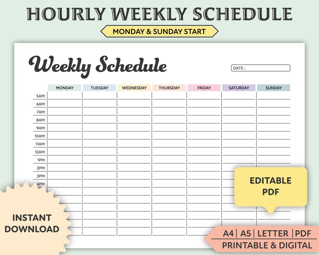 Hourly Weekly Schedule Landscape, Weekly Planner Printable, Week at a ...