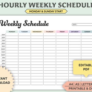 Editable Weekly Schedule Printable: Hourly Planner (a4/letter/a5) (PDF ...