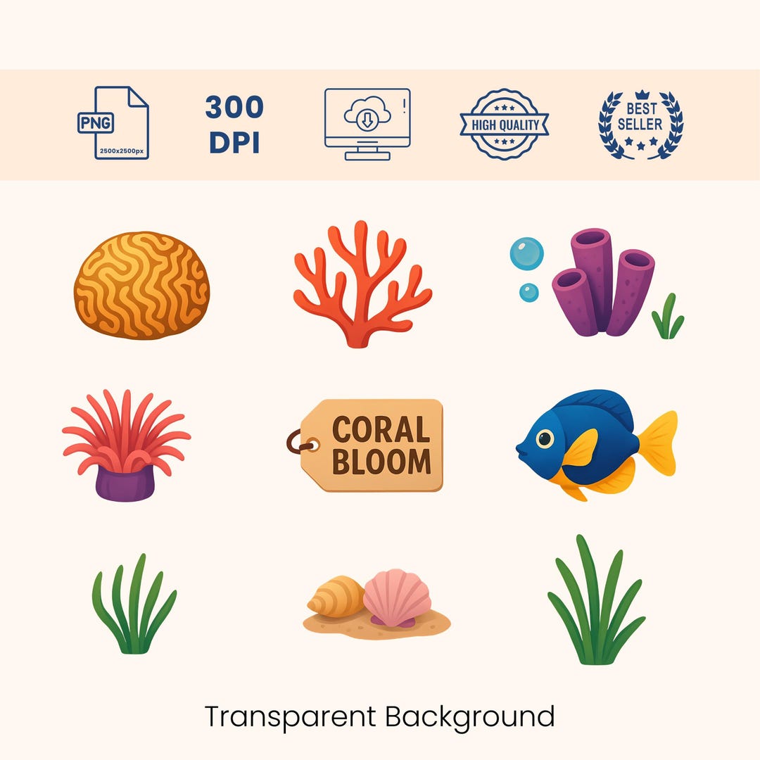 Vibrant Coral Reef PNG Clipart | Colorful Ocean Scene Sticker Set ...