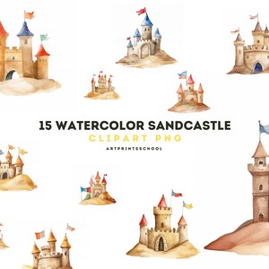 Watercolor Sandcastle Clipart, 15 PNG, Sand Castle Clipart, Beach ...