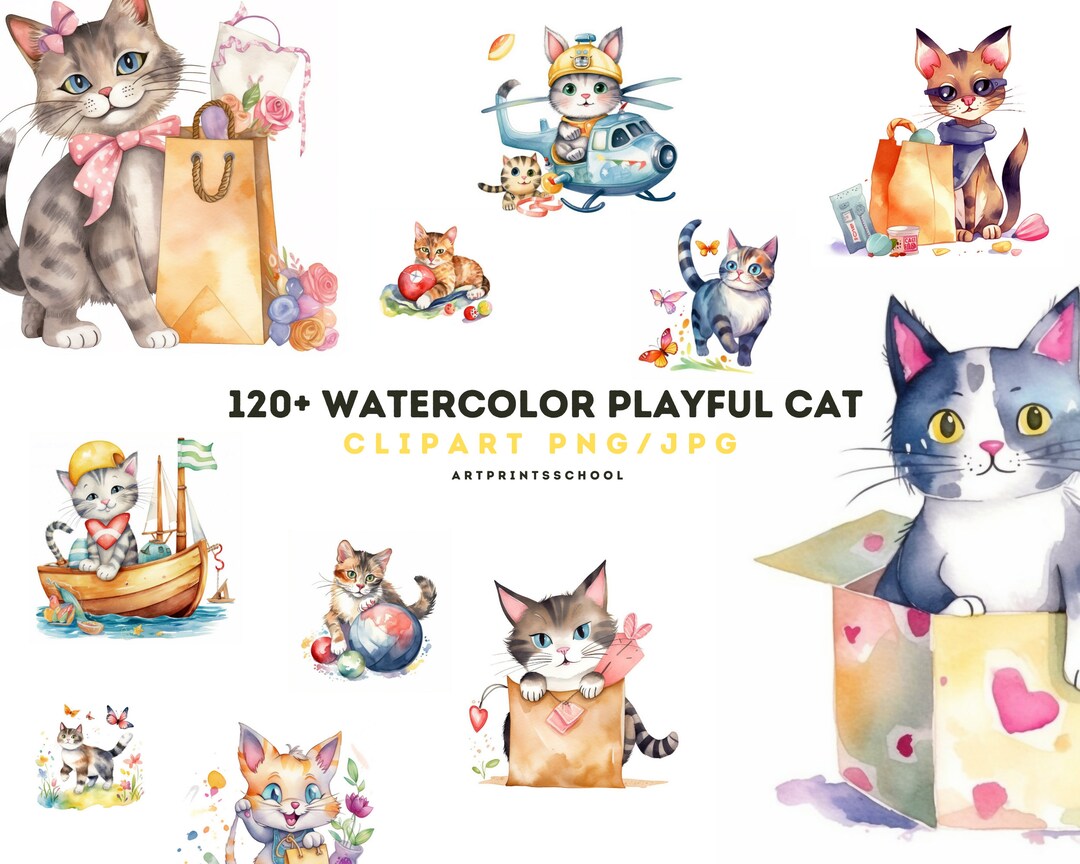 120+ Watercolor Playful Cat Clipart - Cute Cat PNG, Kitten Clipart ...