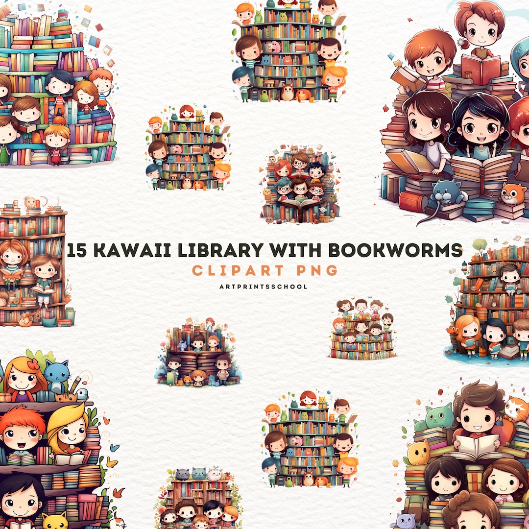 Cute Kawaii Library Clipart, 15 Bookworms High Quality Library PNG ...