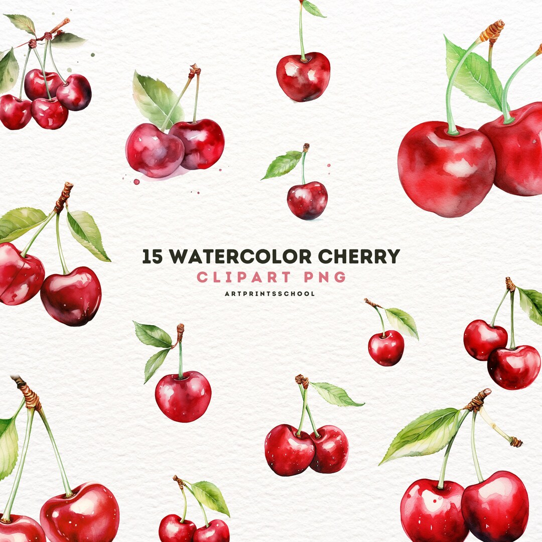 Watercolor Cherry Clipart, 15 High Quality PNG, Commercial Use, Instant ...