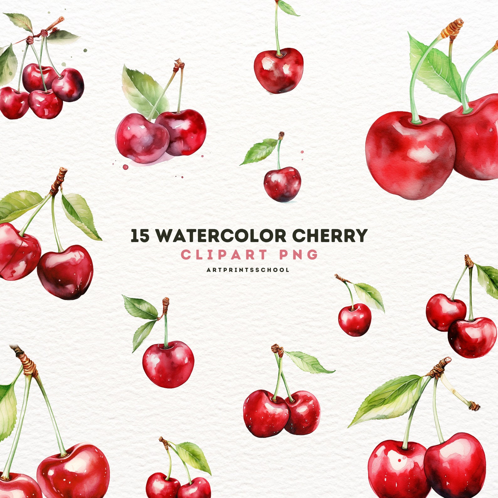 Watercolor Cherry Clipart, 15 High Quality PNG, Commercial Use, Instant ...