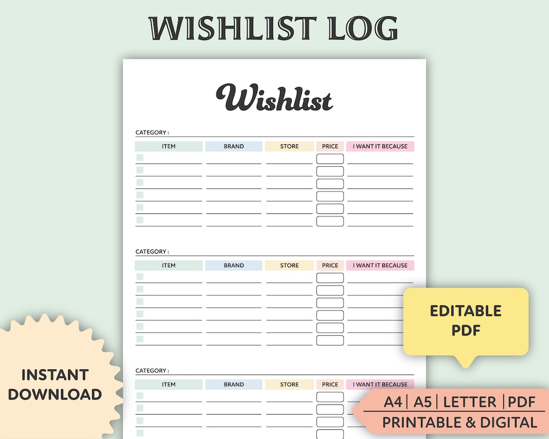 Editable Wishlist Tracker, Printable, Things to Buy, Christmas Wish ...