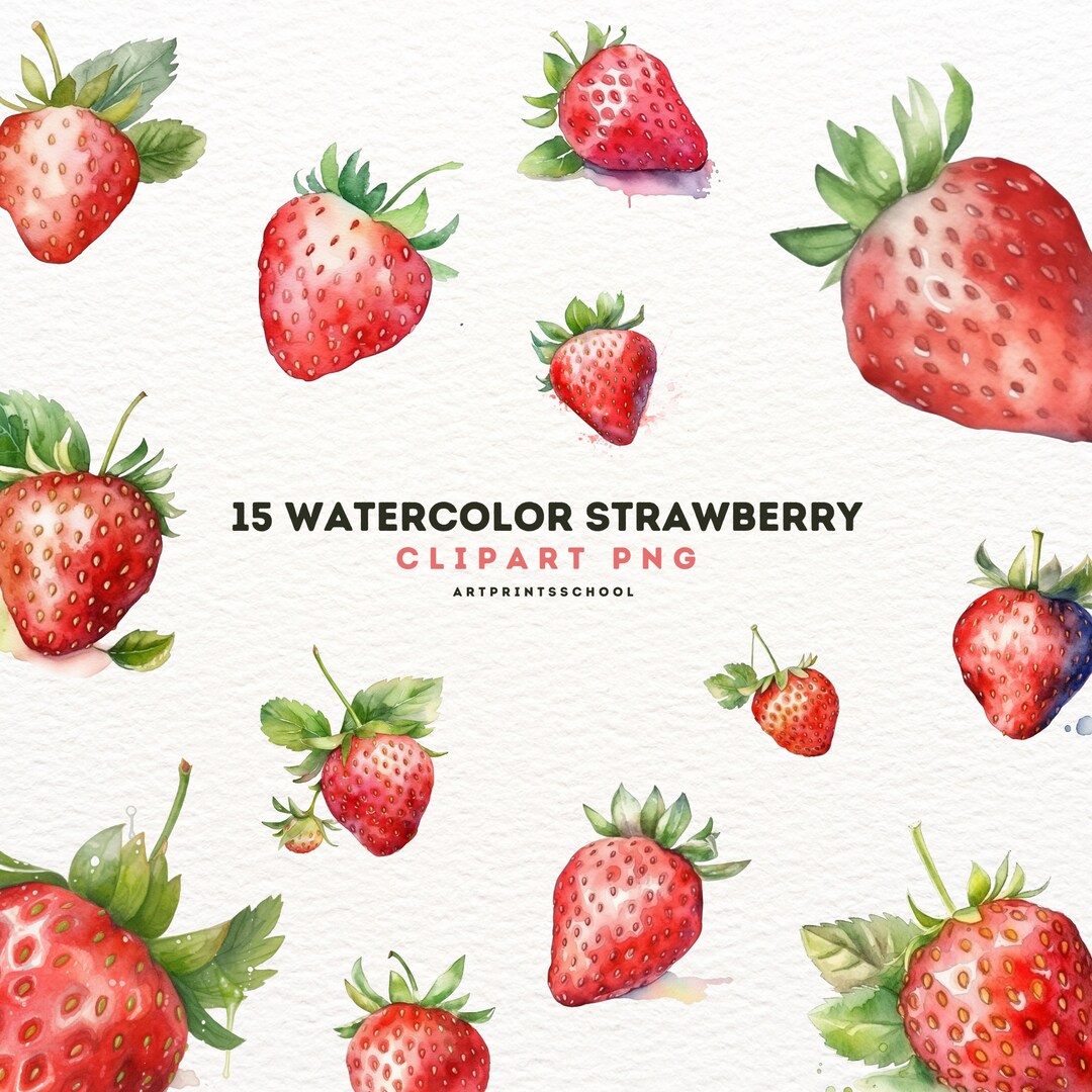 Strawberry Watercolor Clipart: 15 PNG Fruit Graphics (digital Download ...