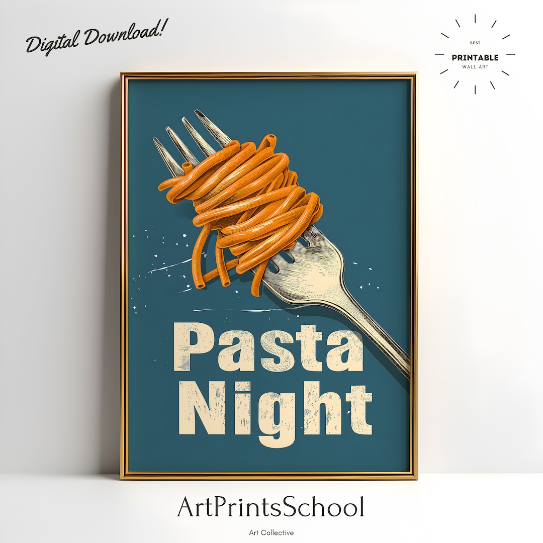Pasta Night Poster, Kitchen Print, Pasta Lover Gift, Mid Century Modern ...