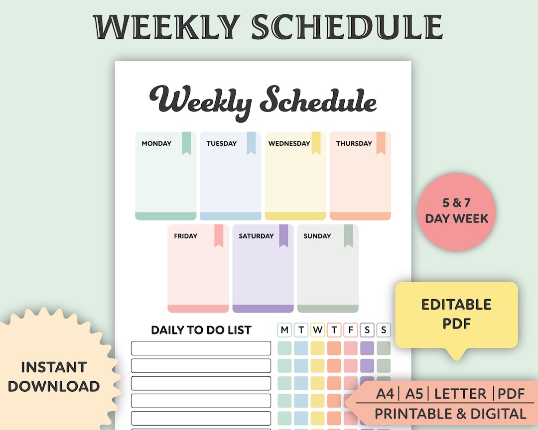 Editable Weekly Schedule, Printable, Cute Weekly Planner, Weekly to Do ...