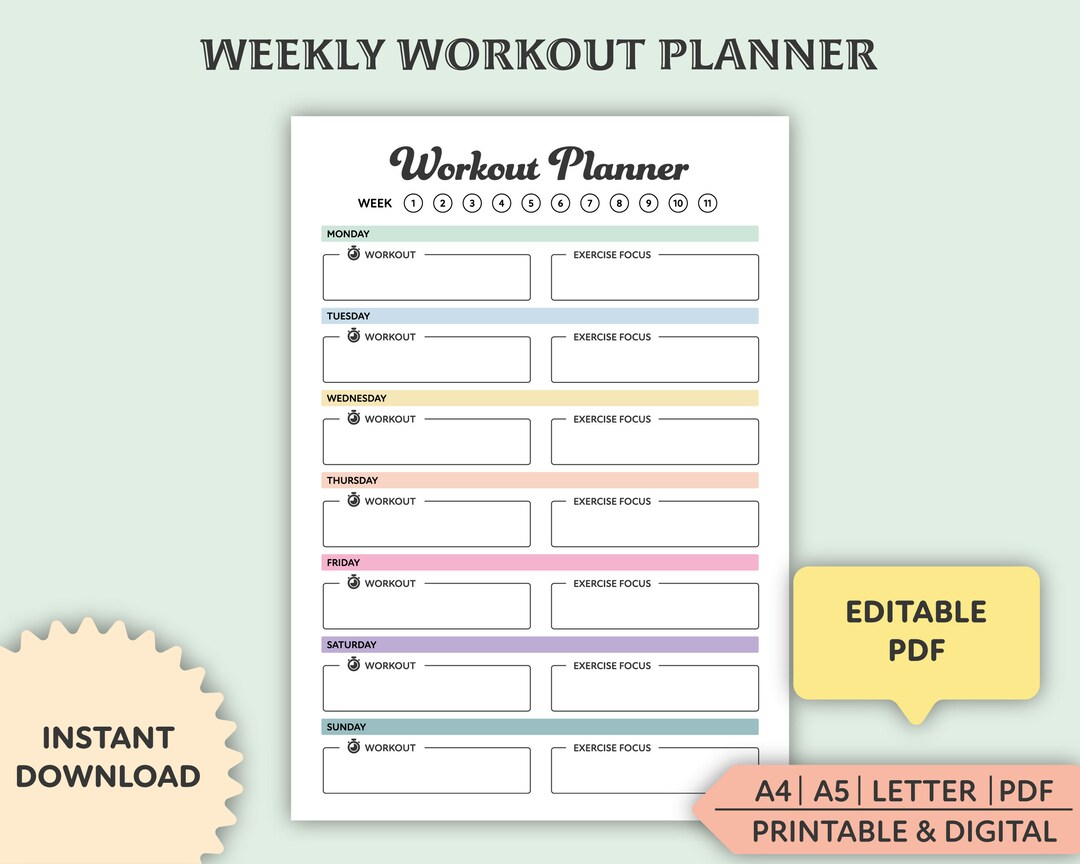 Editable Workout Planner, Printable, Weekly Workout Log, Exercising ...