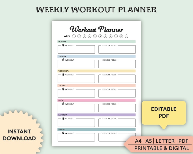 Editable Workout Planner Printable Weekly Workout Log - Etsy