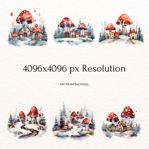 Winter Toadstool Villages Clipart - 15 Watercolor Toadstool House PNG ...