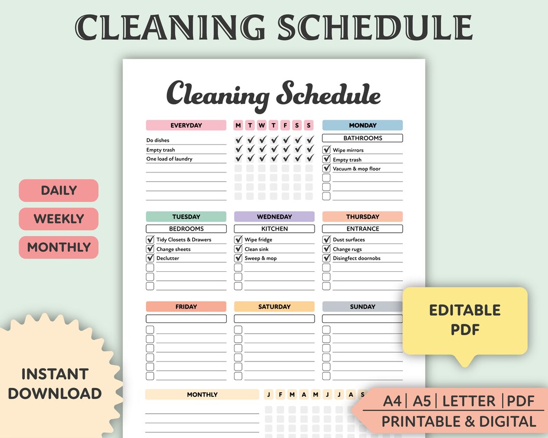 Editable Cleaning Schedule, Printable, Cleaning Checklist, Daily ...