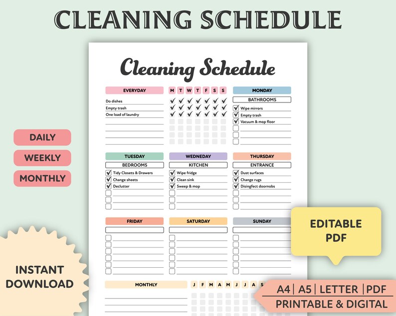 Editable Cleaning Schedule Printable Cleaning Checklist - Etsy