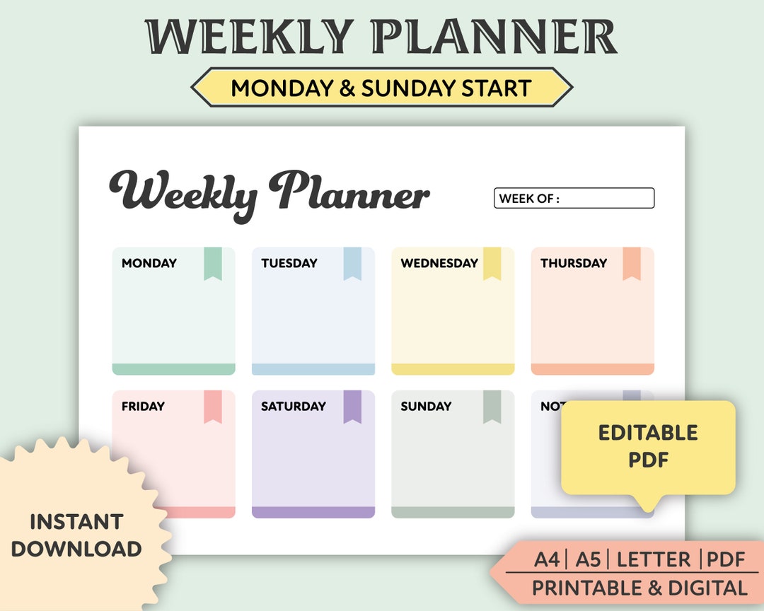 Editable Weekly Planner, Printable, Weekly to Do List, Week at A Glance ...