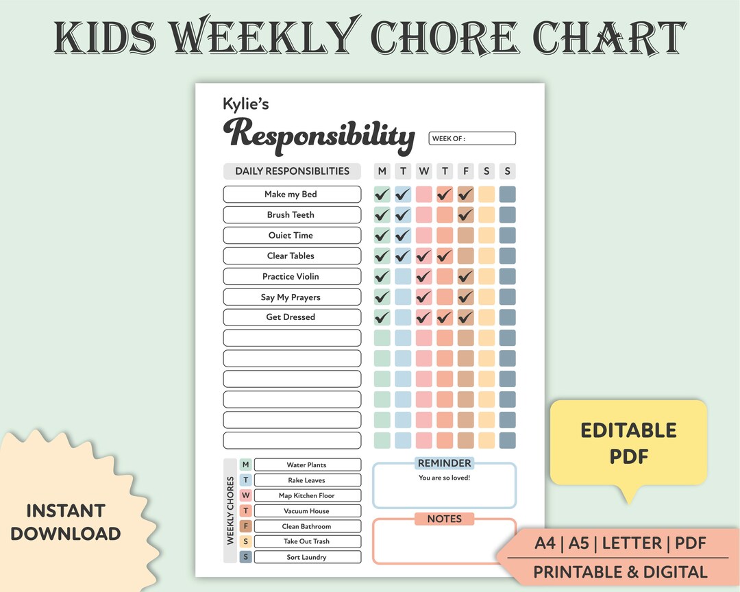 Editable Responsibility Chore Chart for Kids, Printable Planner, Weekly ...