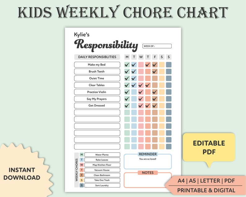 Editable Responsibility Chore Chart for Kids Printable - Etsy