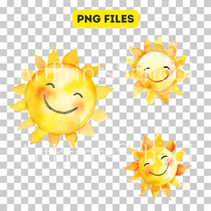 Playful Sun Clipart, Watercolor Digital Sun Clip Art, Commercial Use ...