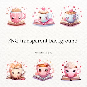 Kawaii Coffee Cup With Books Clipart Bundle, Book Clipart, Commercial ...