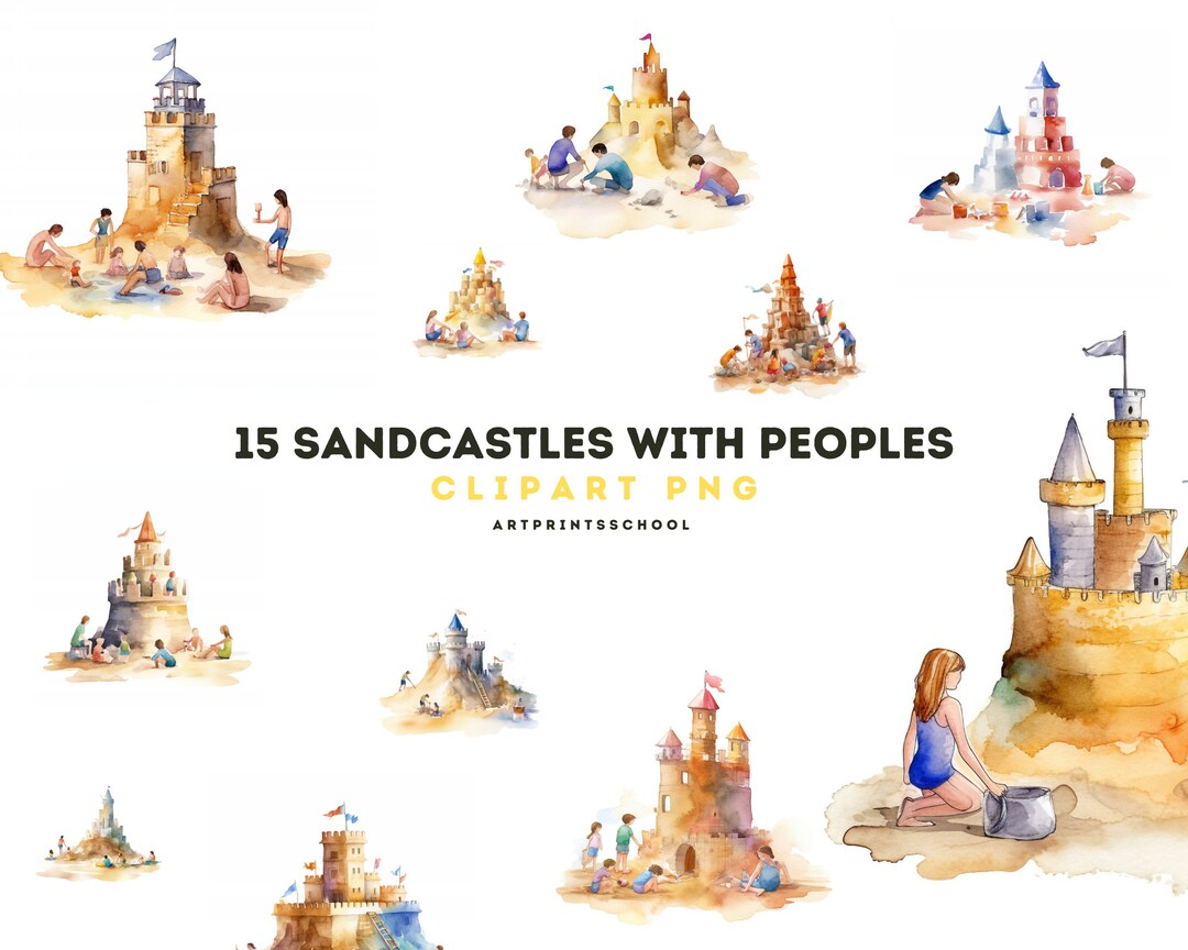 Sandcastles Watercolor Clipart Bundle - 15 PNG Sandcastle Images, Beach ...