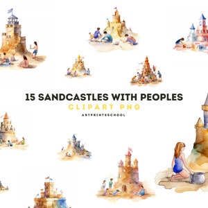 Sandcastles Watercolor Clipart Bundle - 15 PNG Sandcastle Images, Beach ...