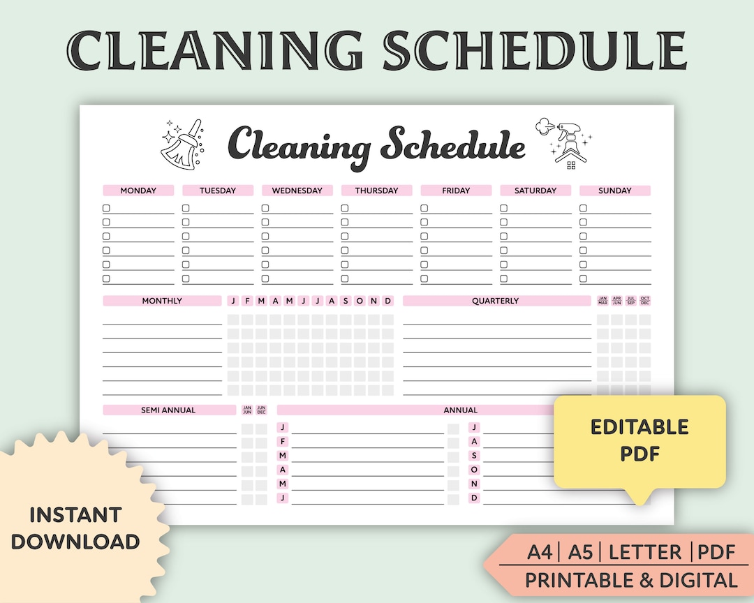 Editable Cleaning Schedule, Printable, Weekly Cleaning Planner, Monthly ...