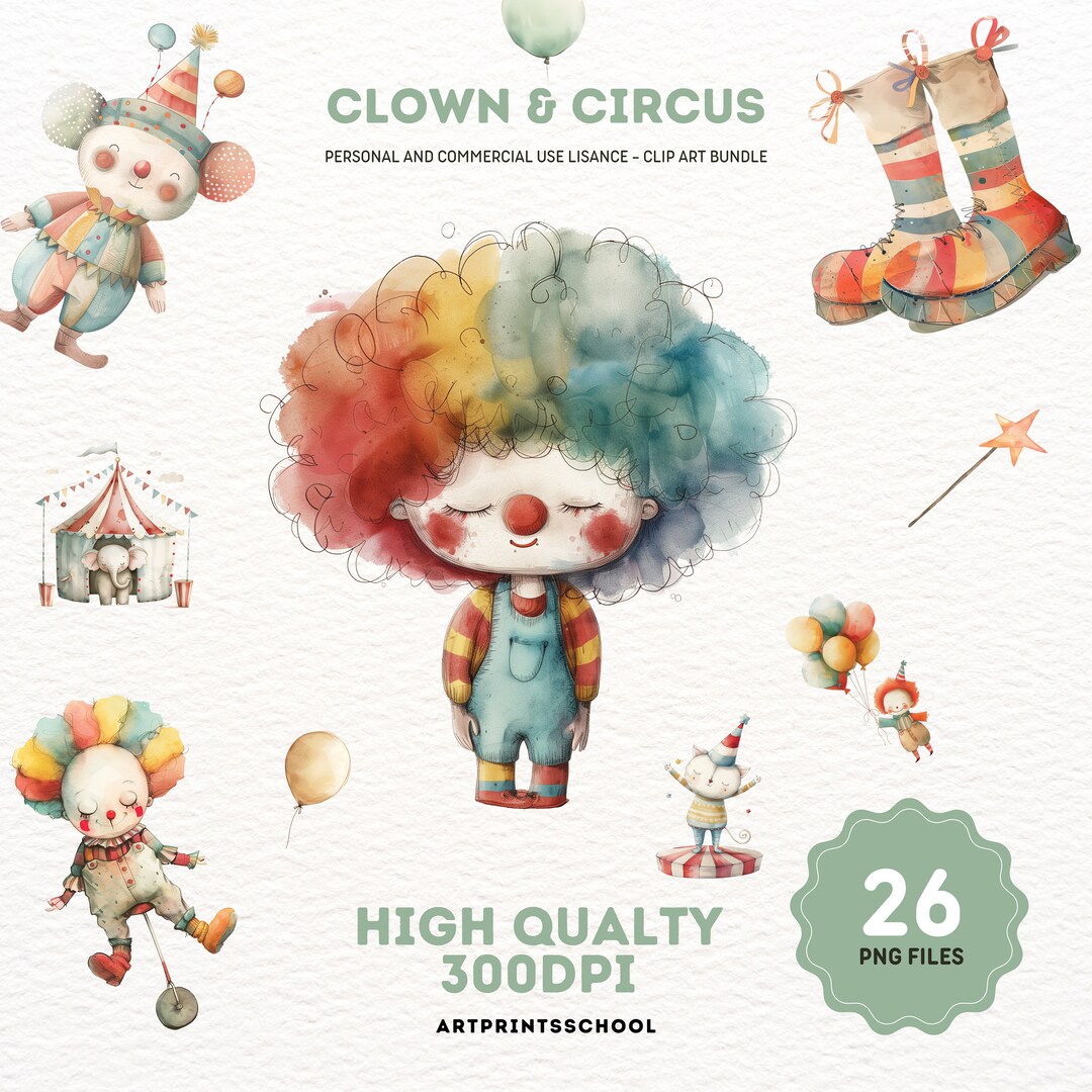 Cute Clown Clipart, Watercolor Clipart, Circus Theme Art, Birthday ...