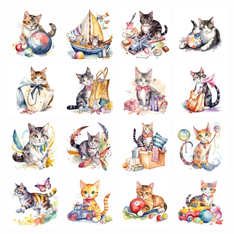 120+ Watercolor Cat Clipart – Playful Kitten Illustrations (PNG & JPG ...