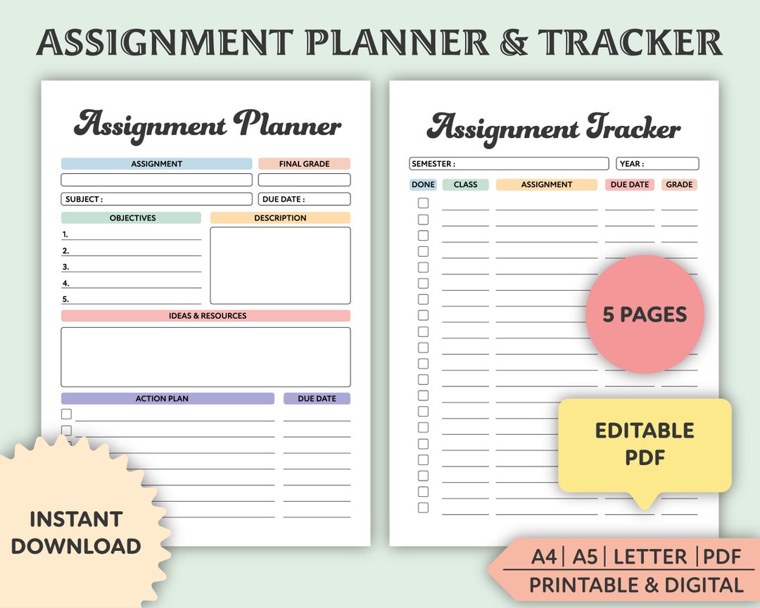 Editable Assignment Planner, Printable, Assignment Tracker, Study ...