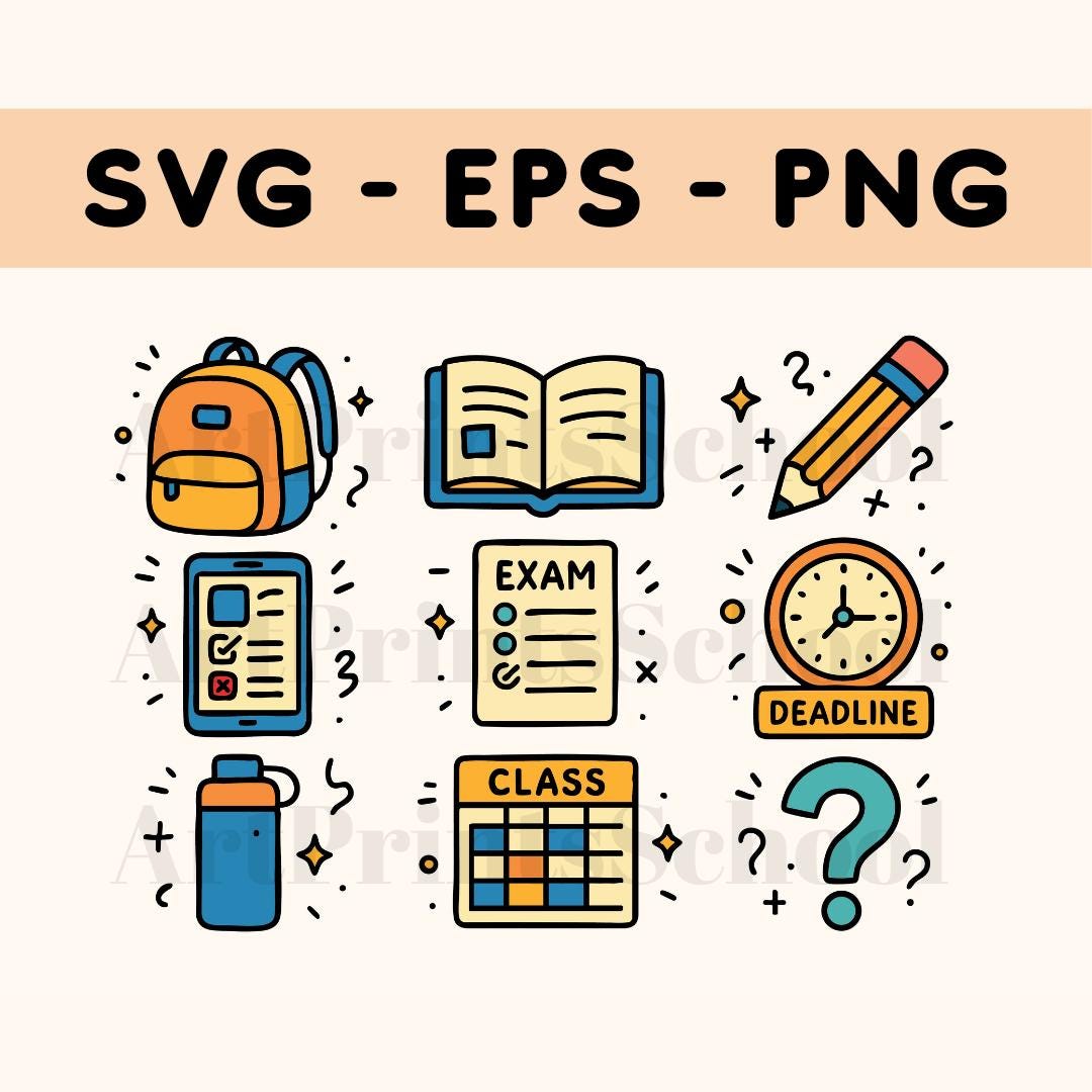 Student Life Clipart Set: Colorful School Doodles (SVG, EPS, PNG) - Etsy