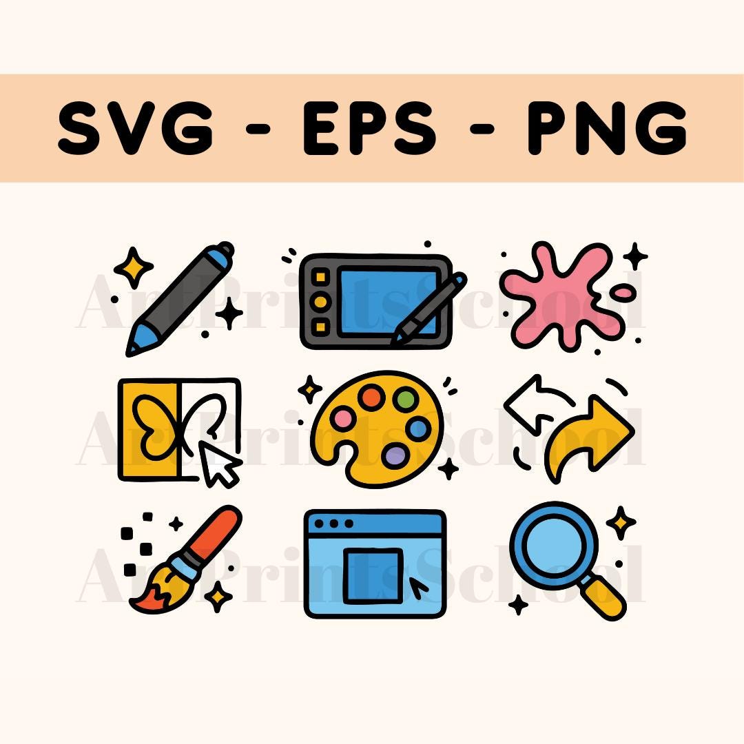 Digital Art Tools Svg Clipart Set | SVG, EPS, PNG Files | Bright Doodle ...