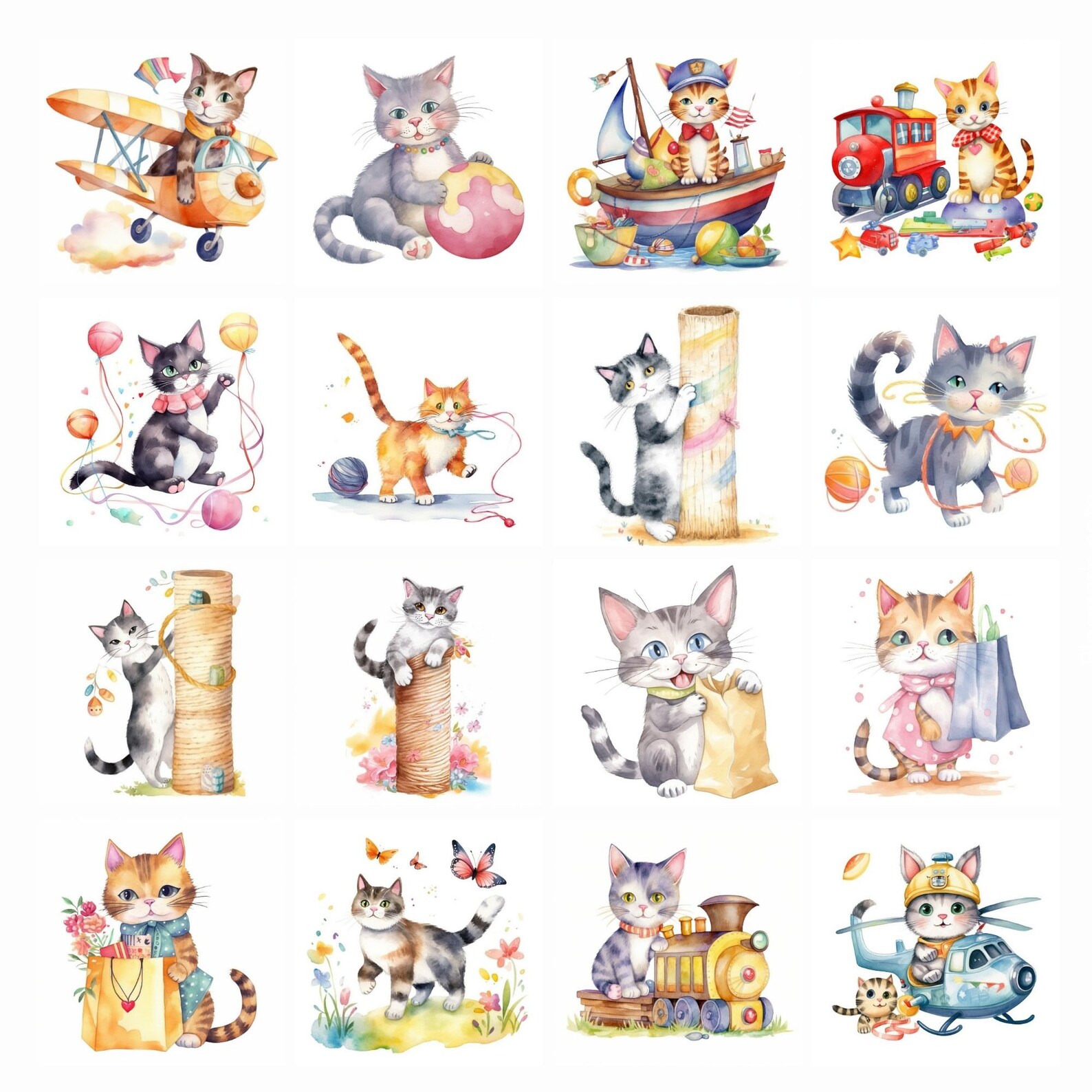 120+ Watercolor Cat Clipart – Playful Kitten Illustrations (PNG & JPG ...