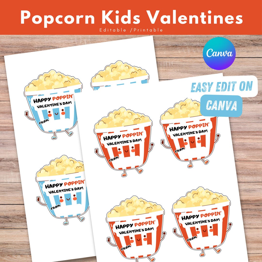 Printable Popcorn Valentines: Kids Valentine's Day Cards (DIY Instant ...