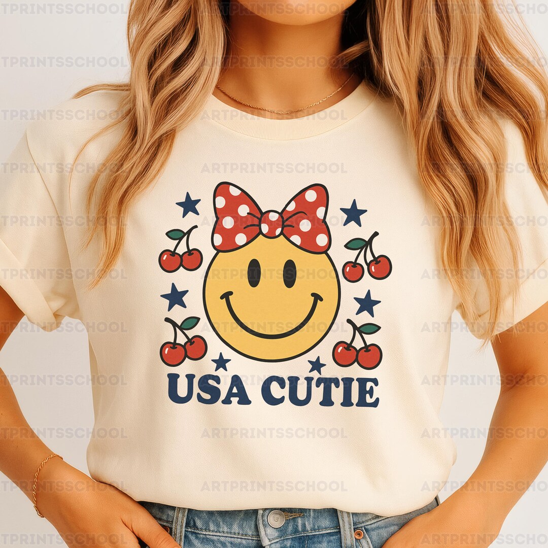 USA Cutie Smiley PNG: Polka Dot Bow, Cherries & Stars (digital Download ...