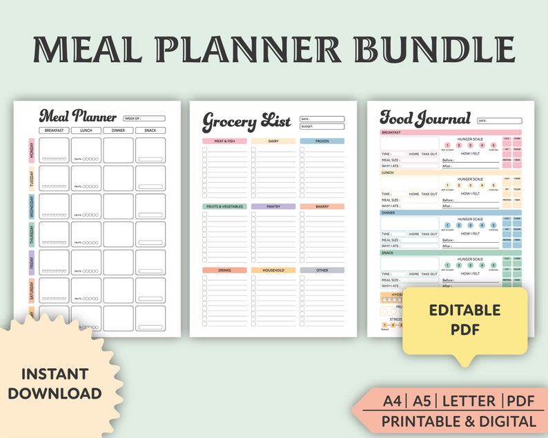 Editable Meal Planner Bundle Grocery List Printable Daily - Etsy