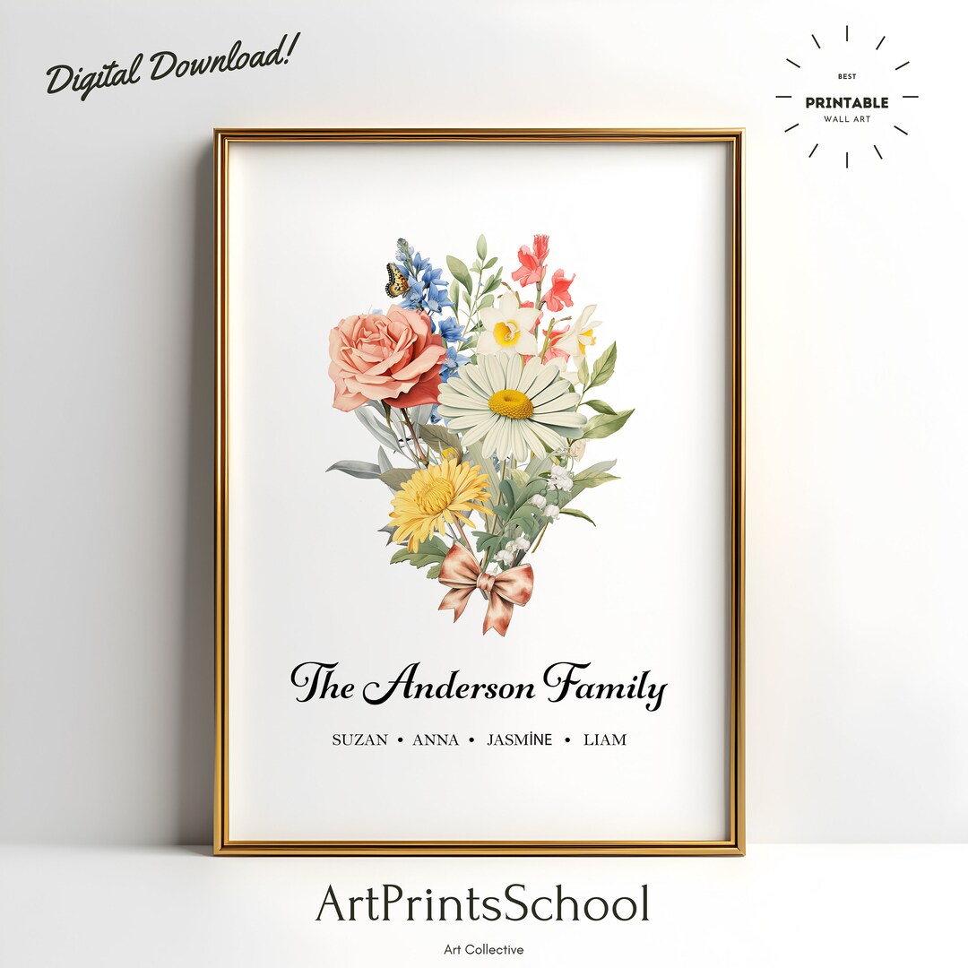 Birth Flower Family Bouquet, Personalized Birth Month Flower Art ...